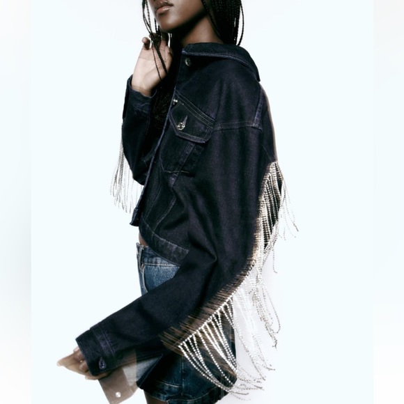 Zara | Jackets & Coats | Zara Jewel Trim Fringed Denim Jacket | Poshmark